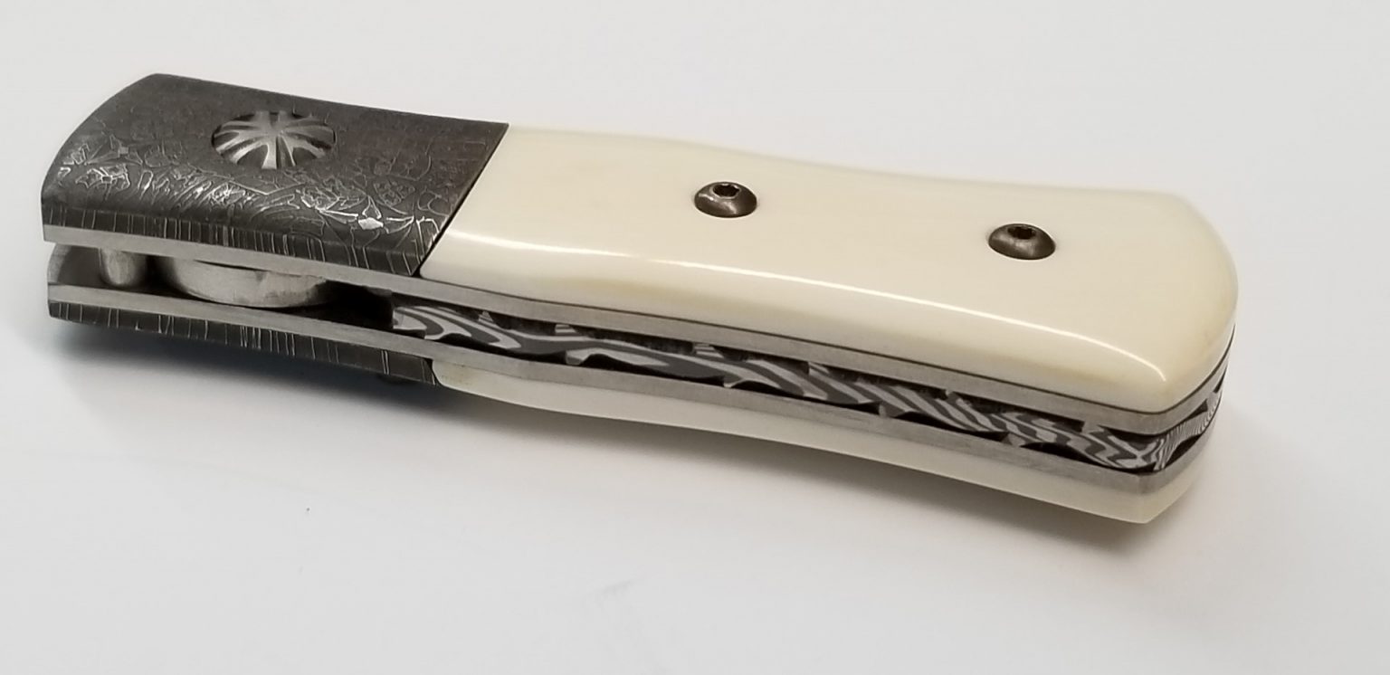 Rob Davidson Custom Damascus Blade Auto Knife with Mammoth Ivory Scales ...