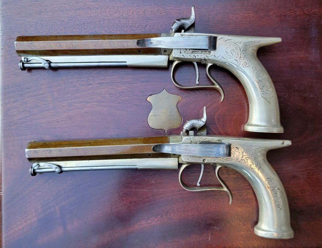 19th Century English Silver Saw Grip Percussion Dueling Pistols Set ...