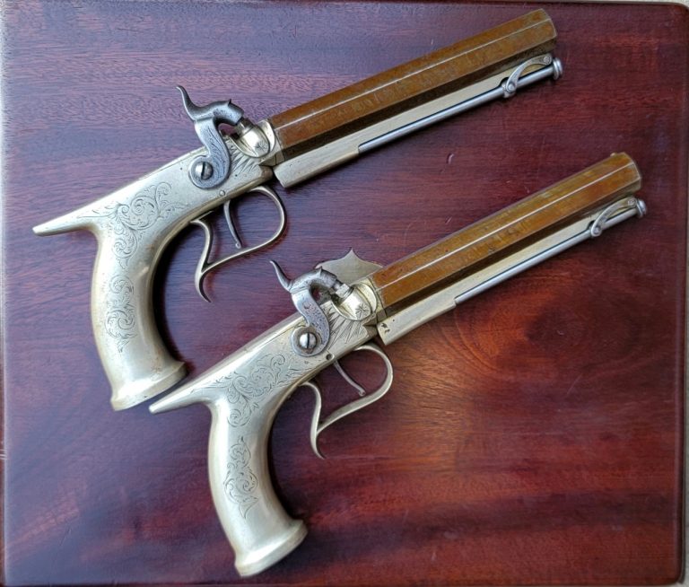 19th Century English Silver Saw Grip Percussion Dueling Pistols Set ...